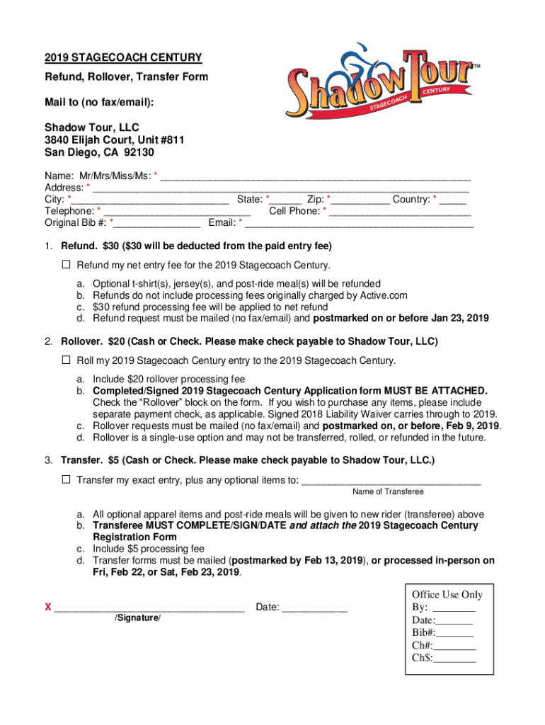 Fillable Online 2019 STAGECOACH CENTURY Refund, Rollover, Transfer Form ...