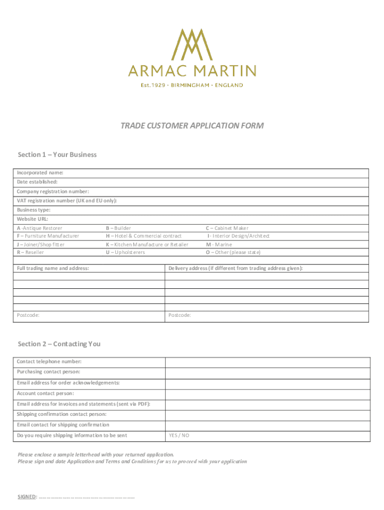 Fillable Online TRADE CUSTOMER APPLICATION FORM Fax Email Print - pdfFiller