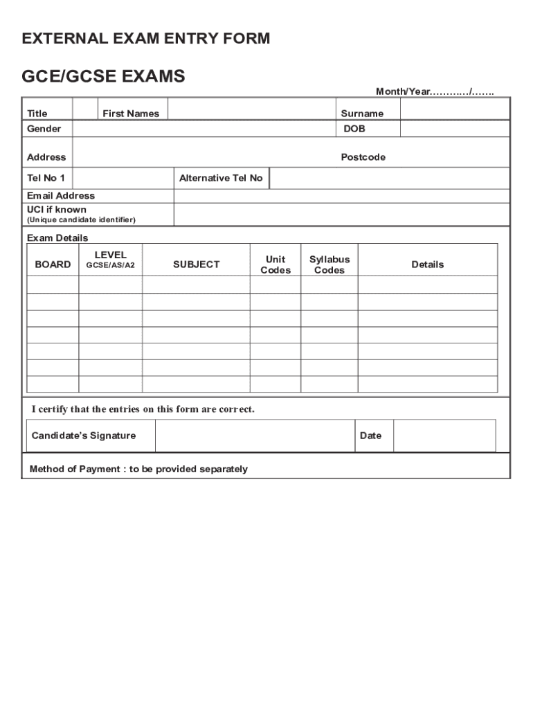 Fillable Online EXAMINATION ENTRY REQUEST Candidate ... - St Edwards ...