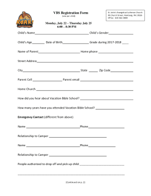 Fillable Online VBS Registration Form - St. John's Lutheran Church Hamburg ... Fax Email Print ...
