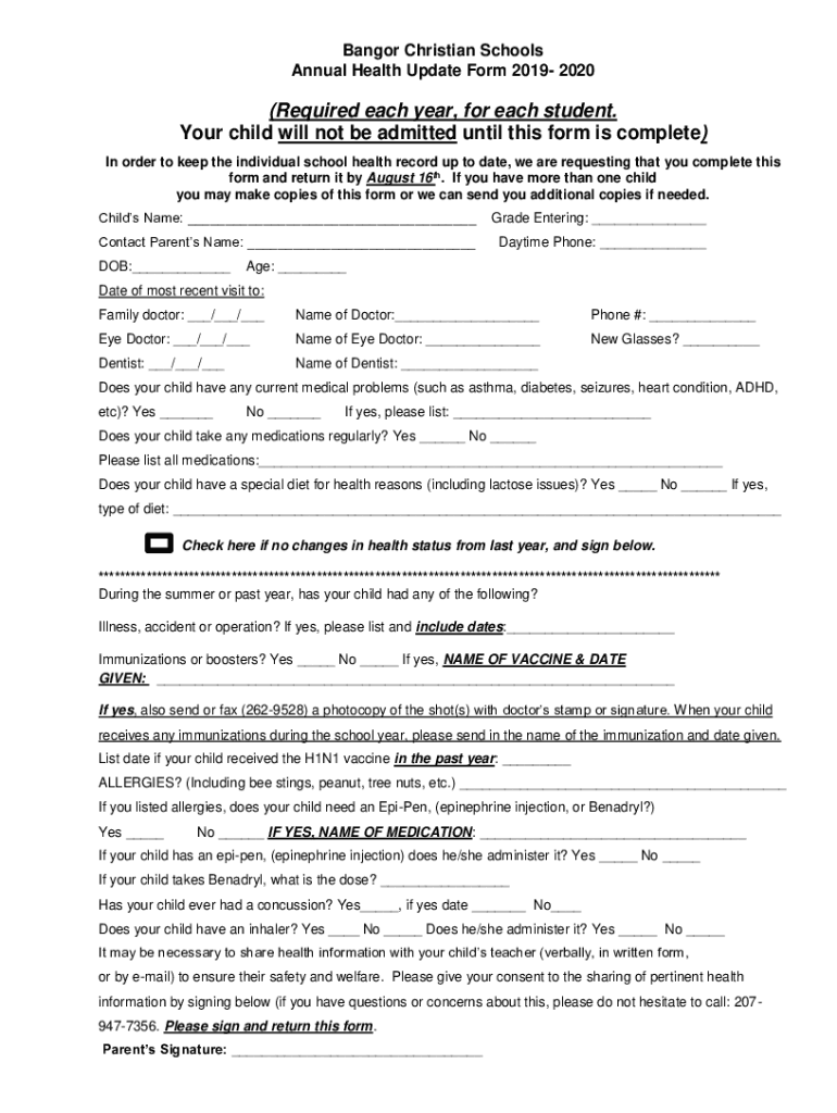 Fillable Online Annual Health Update Form 2019- 2020 Fax Email Print ...