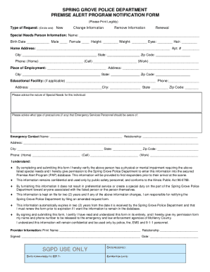 Fillable Online Premise AlertSpring Grove Police Department Fax Email ...