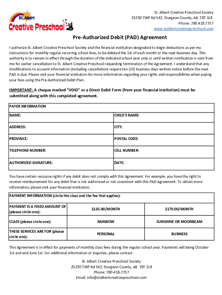 Fillable Online PAD Agreement Form - Fundraising Fees - St. Albert ...