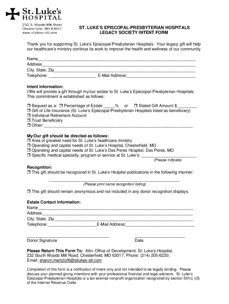 Fillable Online Legacy Society Intent Giving Form. St. Luke's Hospital ...