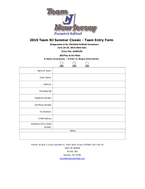 Fillable Online 2019 Team NJ Summer Classic - Team Entry Form Fax Email ...