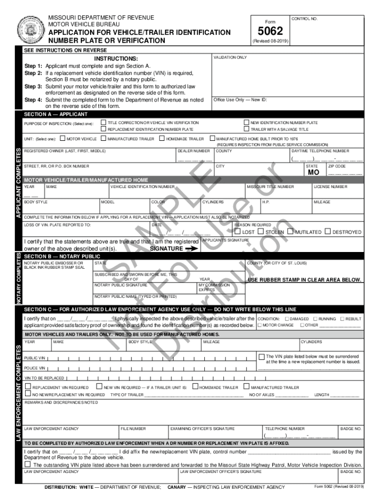Fillable Online dor mo Form 5062 - Application for Vehicle ...