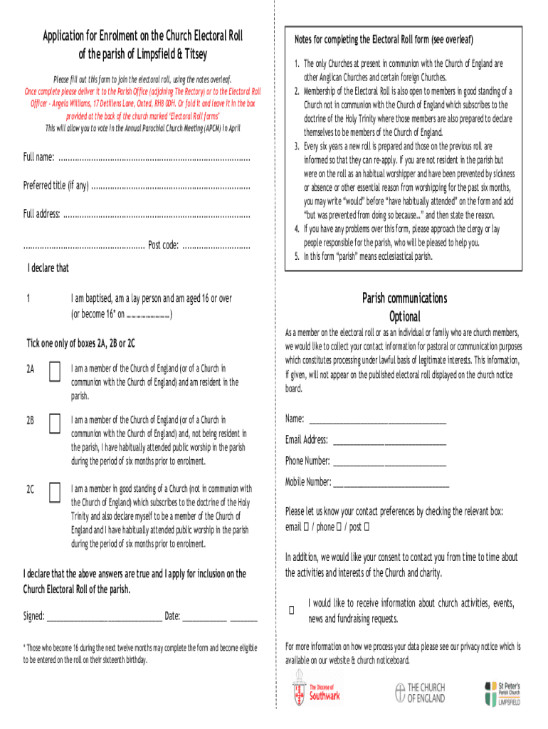 Fillable Online Application for Enrolment on the Church Electoral Roll ...