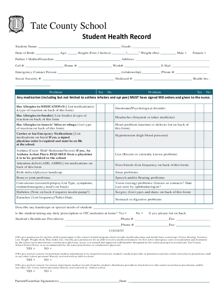 Fillable Online Tate County School Fax Email Print - pdfFiller