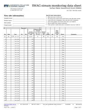 SWAG Stream Monitoring Data Sheet - . To record water sampling data for ...