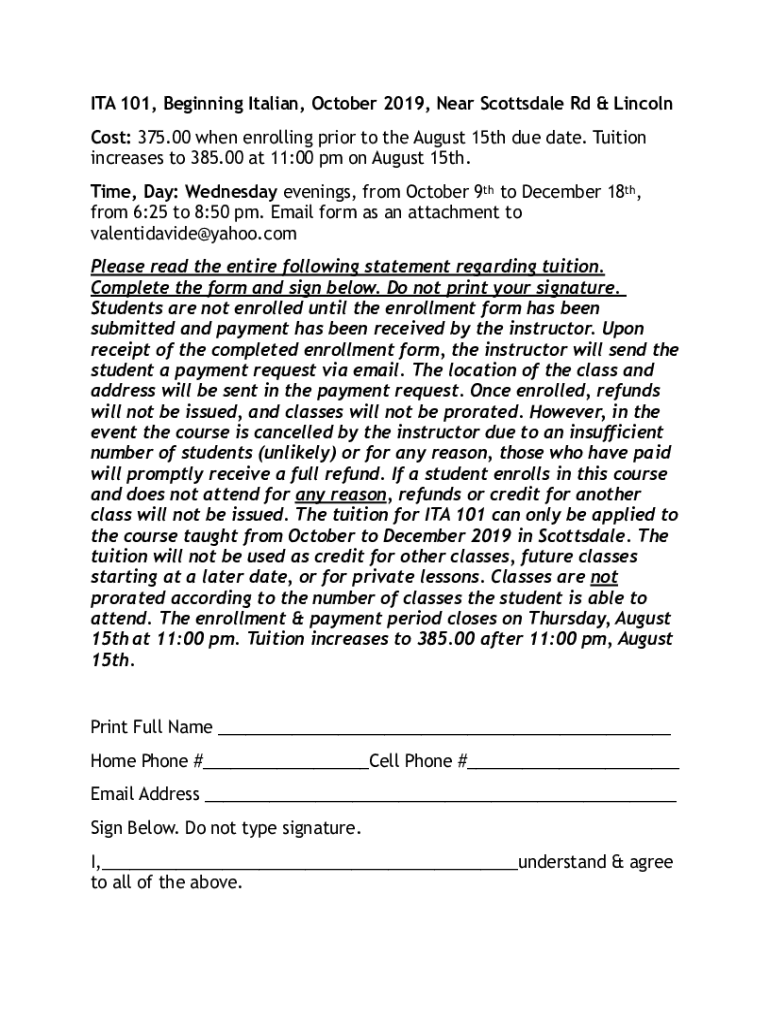 Fillable Online ITA 101 Beginning Italian Enrollment Form 1 Fax Email Print - pdfFiller