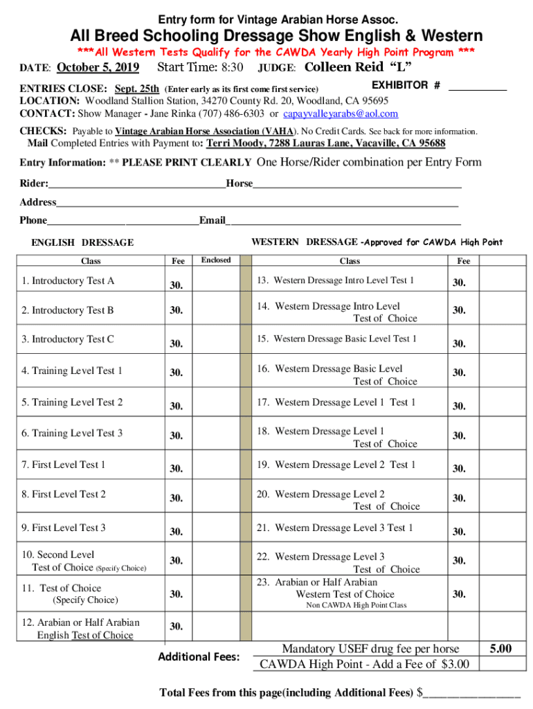 Fillable Online Fillable Online Dressage Show Entry Form - Vintage ...