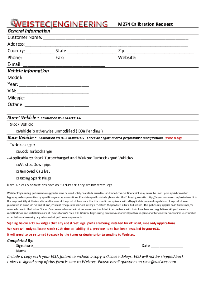 Fillable Online M274 Calibration Request General Information Vehicle ...