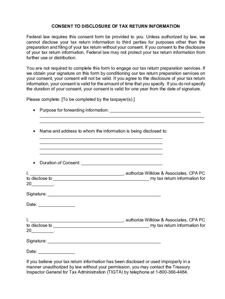 Fillable Online CONSENT TO DISCLOSURE OF TAX RETURN INFORMATIONUpdated ...