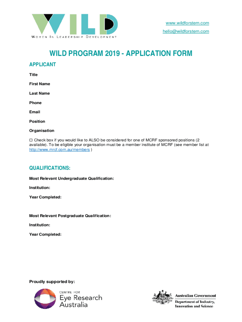 Fillable Online WILD PROGRAM 2019 - APPLICATION FORM Fax Email Print ...