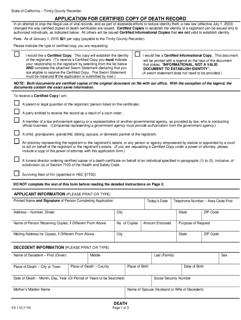 Fillable Online Vital Records - CDPH HomeOnline IndexTrinity CountyCopies of Birth, Death ...