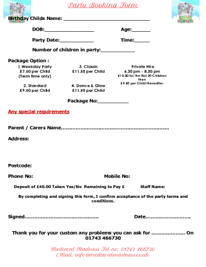 Fillable Online Party Booking Form 2 Fax Email Print - pdfFiller
