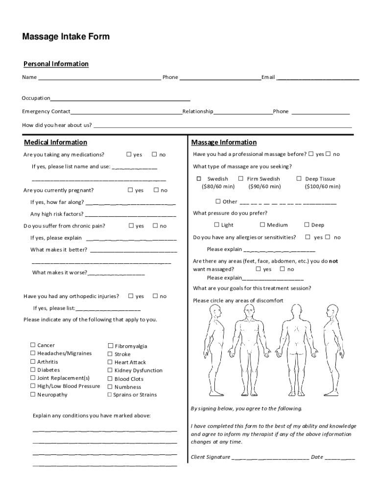 Fillable Online 59 Best Massage Intake Forms for any Client - Printable ...