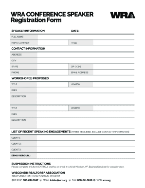 Fillable Online WRA CONFERENCE SPEAKER Registration Form Fax Email ...