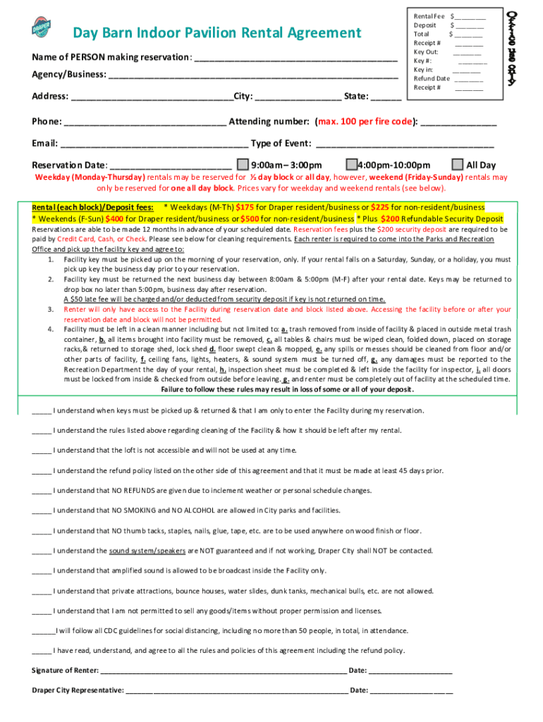 Fillable Online Rental Fee $ Day Barn Indoor Pavilion Rental Agreement ...