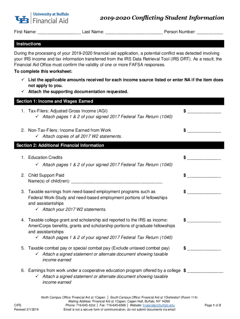 Fillable Online financialaid buffalo 2019-2020 Conflicting Student ...