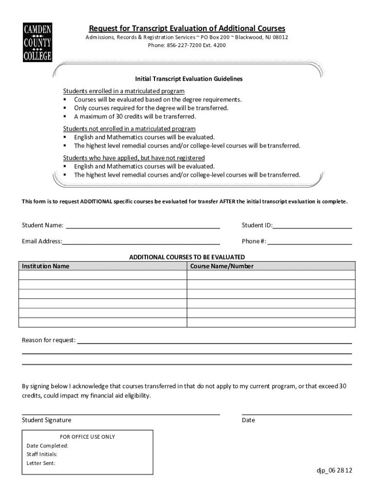 Fillable Online Reqeust for Transcript Evaluation Form - Final 06 28 12 ...