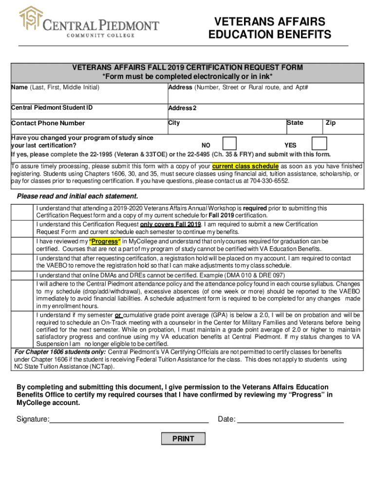 Fillable Online Certification Request for VA Education Benefits Form Fax Email Print - pdfFiller