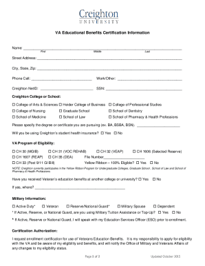Fillable Online typo3 creighton VA Education Benefits Certification Request and Statement ...