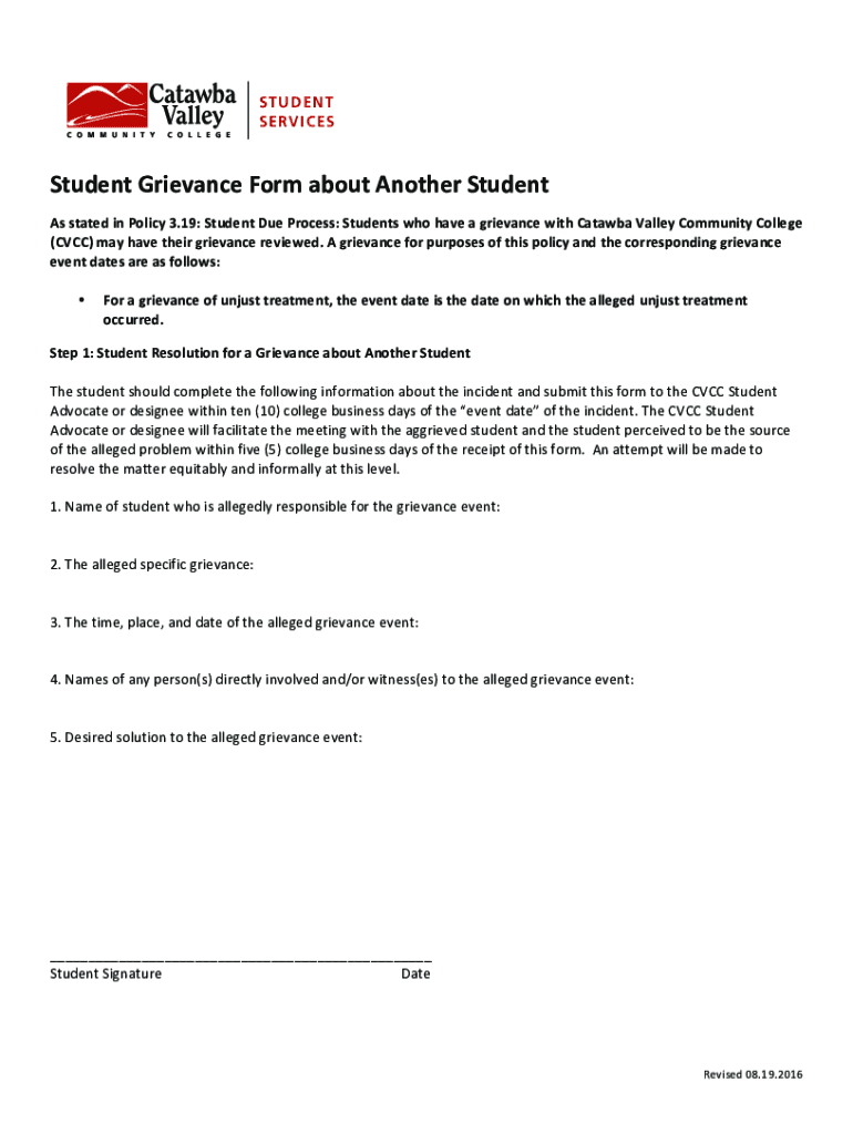 Fillable Online Student Grievance Form about Another Student.docx Fax ...