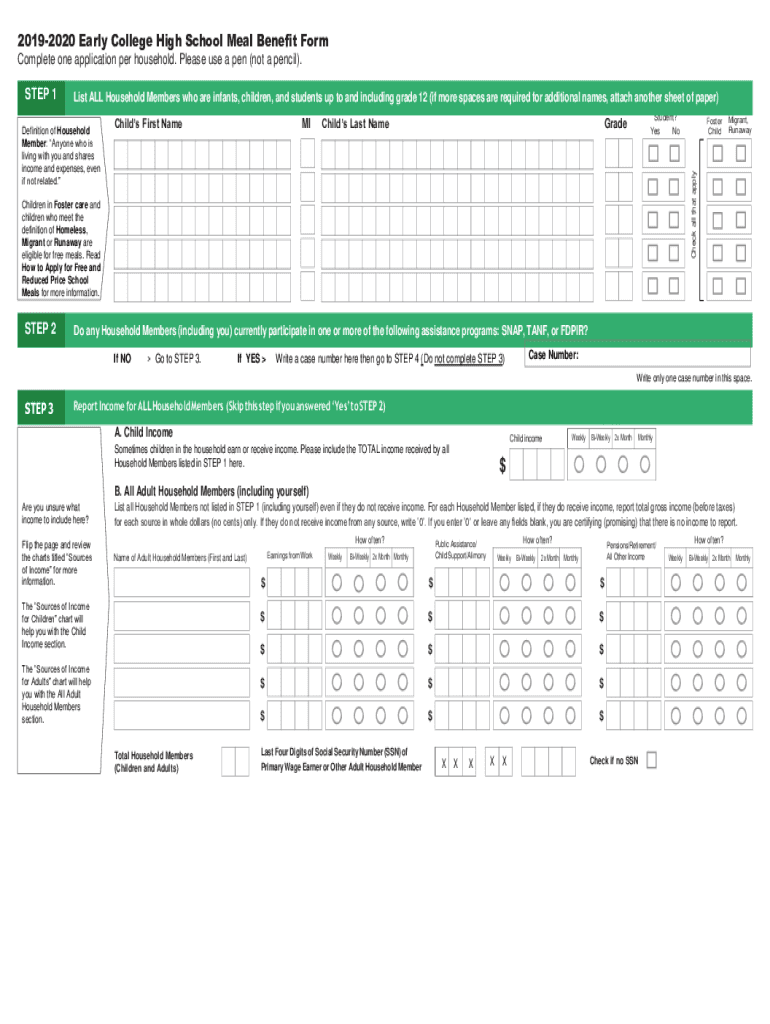 Fillable Online echs desu 2019-2020 Early College High School Meal ...