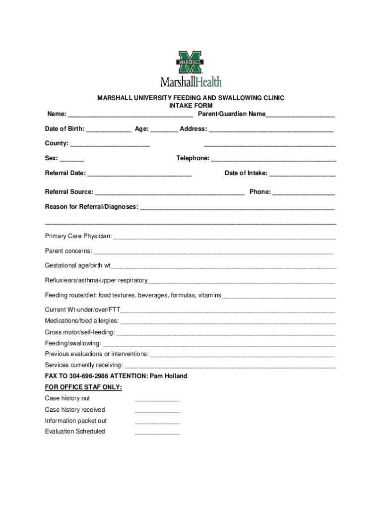 Fillable Online MARSHALL UNIVERSITY FEEDING AND SWALLOWING CLINIC ...
