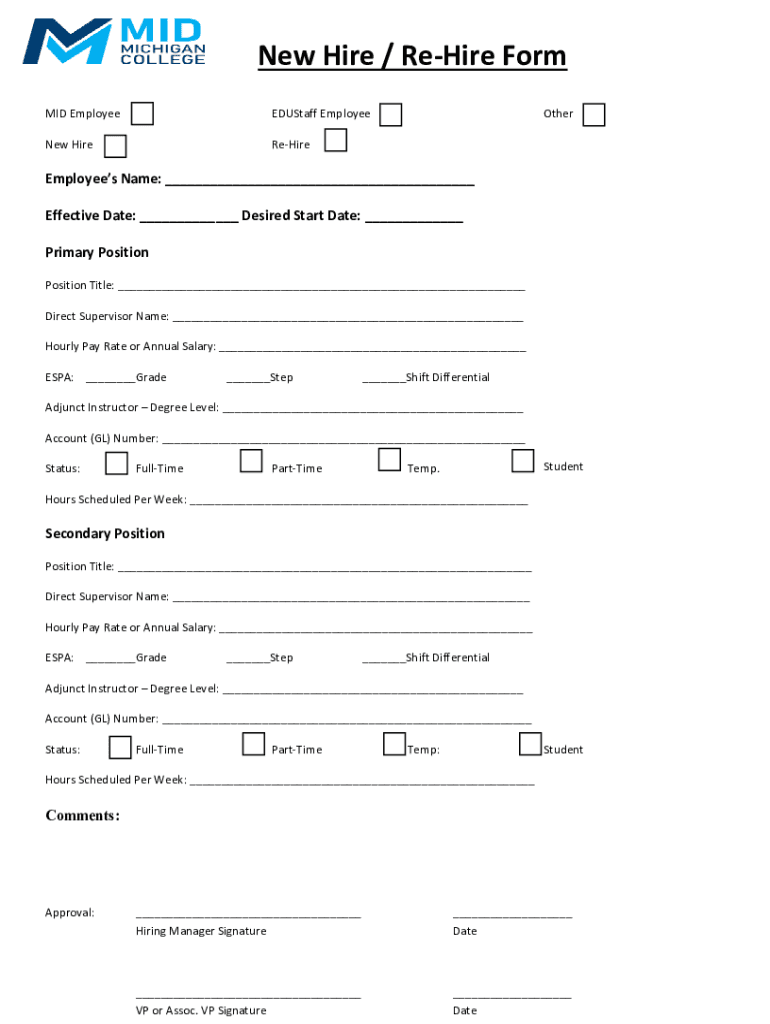 Fillable Online New Hire / Re-Hire Form Fax Email Print - pdfFiller