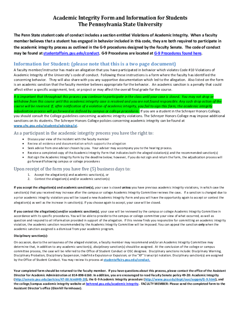 Fillable Online behrend psu Academic Integrity Information for ...