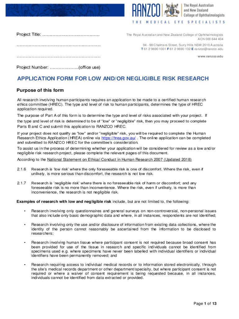 Fillable Online APPLICATION FORM FOR LOW AND/OR NEGLIGIBLE RISK ...