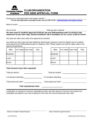 Fillable Online CLUB/ORGANIZATION PER DIEM APPROVAL FORM Fax Email ...