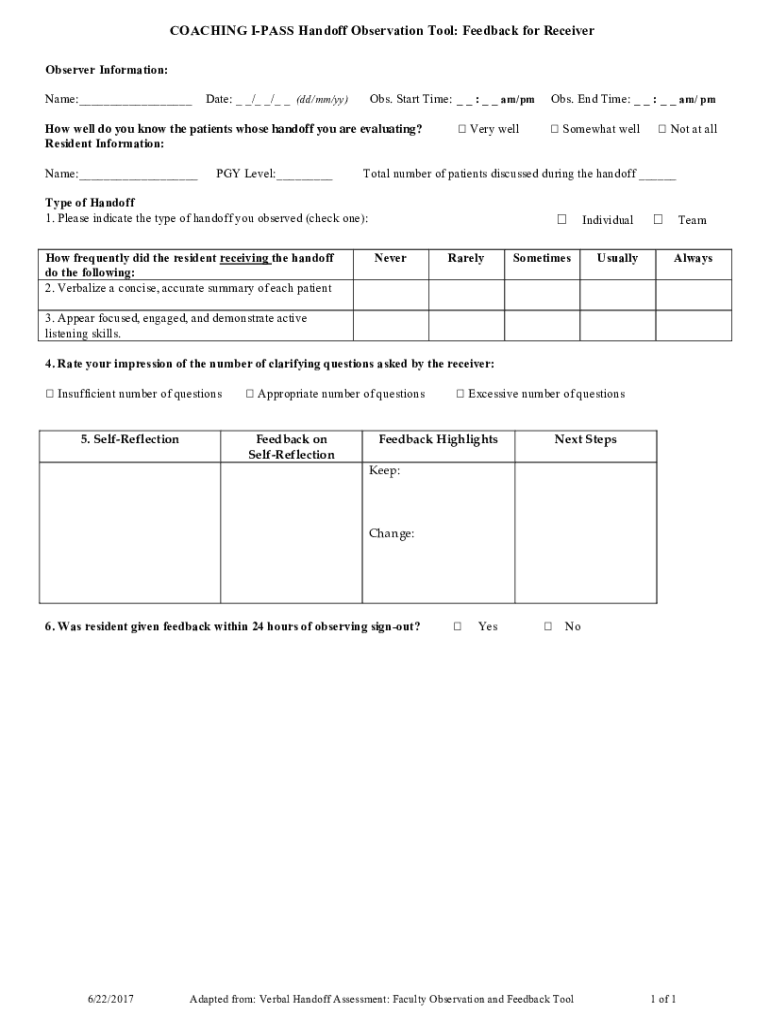Fillable Online med stanford COACHING I-PASS Handoff Observation Tool ...