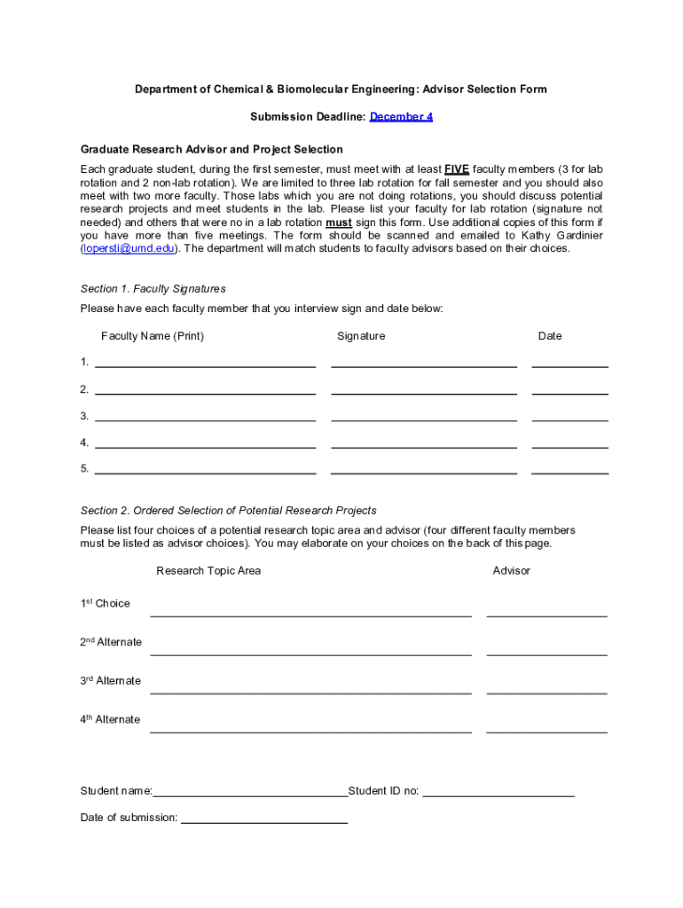 Fillable Online chbe umd Advisor Selection Form-jbk.doc Fax Email Print - pdfFiller