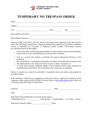 Fillable Online Temporary No Trespass Order. Temporary No Trespass ...