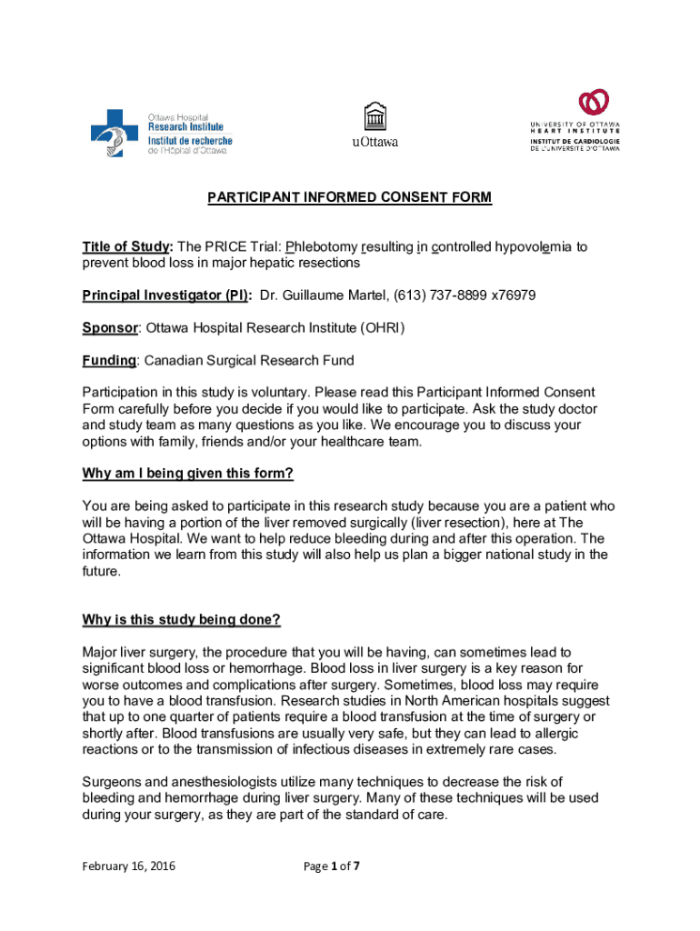 Fillable Online PARTICIPANT INFORMED CONSENT FORM Title of Study: The ...