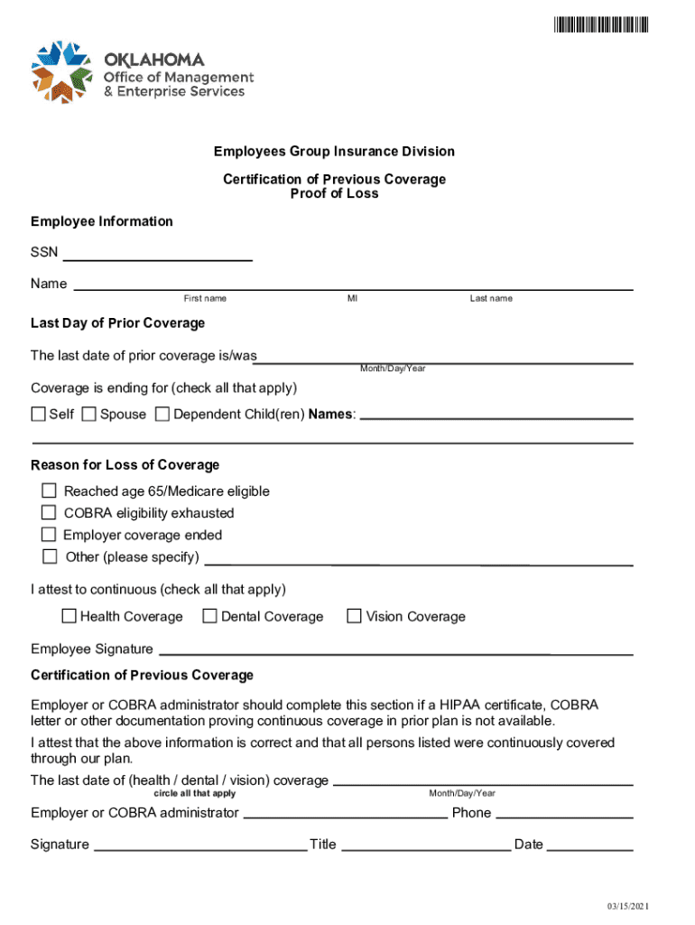 2021 Form OK Certification Of Previous Healthcare Coverage Proof Of 