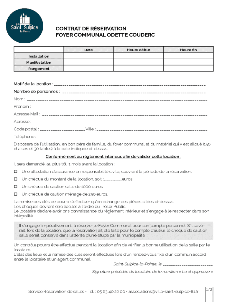 Remplissable En Ligne CONTRAT DE RSERVATION FOYER COMMUNAL ODETTE COUDERC Fax Email Imprimer ...