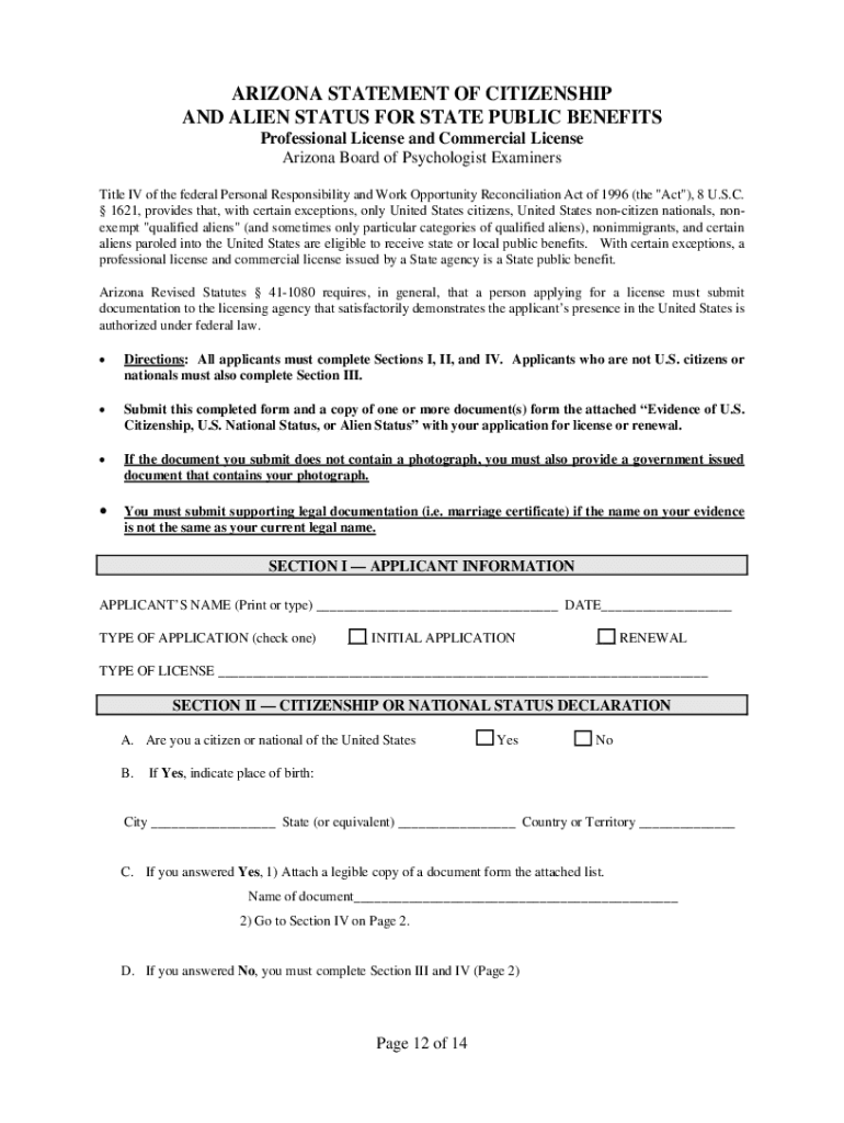 Fillable Online psychboard az ARIZONA STATEMENT OF CITIZENSHIP AND ...