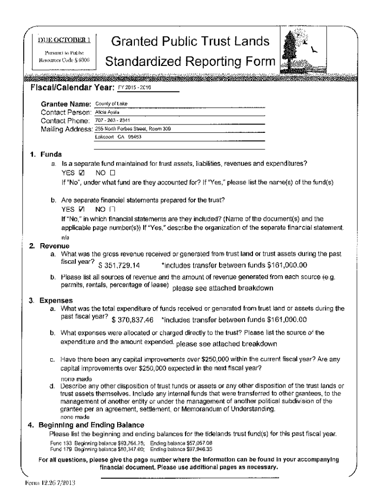 Fillable Online 2016 Granted Public Trust Lands Reporting Form. Lake ...