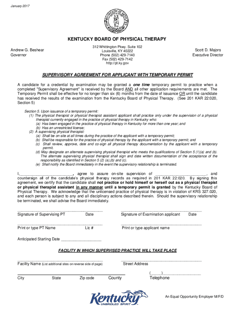 Fillable Online pt ky SUPERVISORY AGREEMENT FOR APPLICANT WITH ...