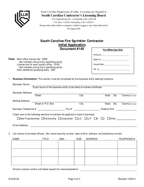 Fillable Online llr sc South Carolina Fire Sprinkler Contractor Initial ...