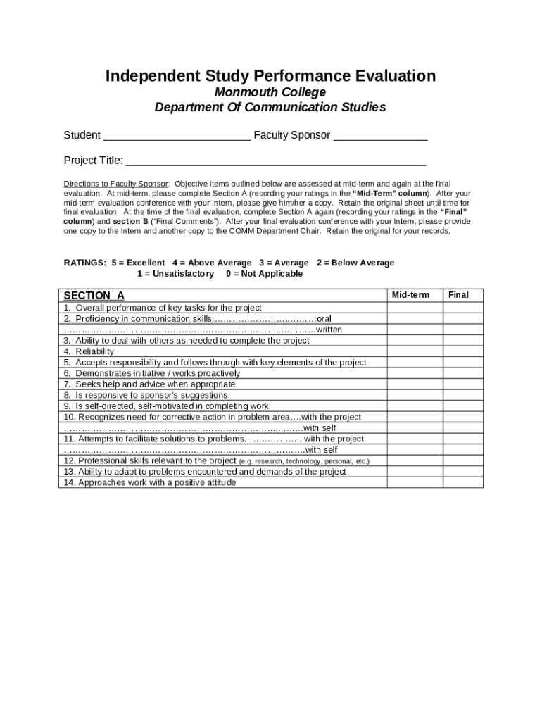 Internship Perance Evaluation - Monmouth College Doc Template | pdfFiller