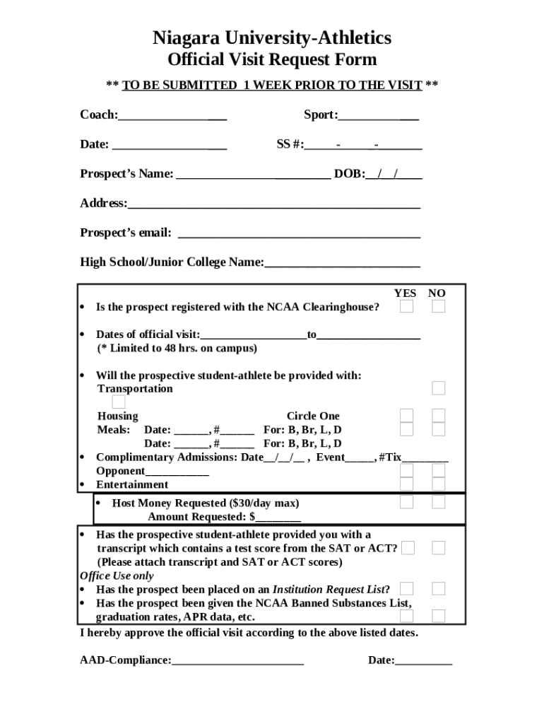 Official Visit Request - Niagara University Doc Template | pdfFiller
