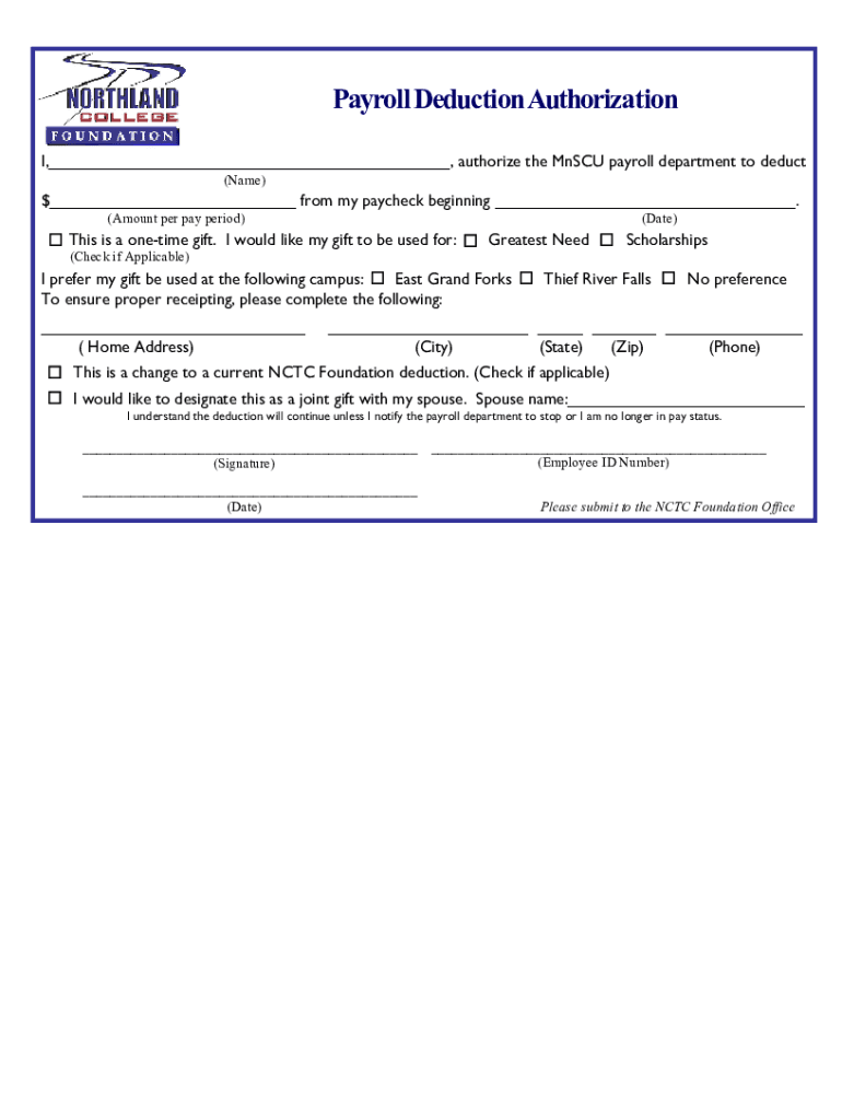 Fillable Online AUTHORIZATION FOR VOLUNTARY PAYROLL DEDUCTIONPayroll ...