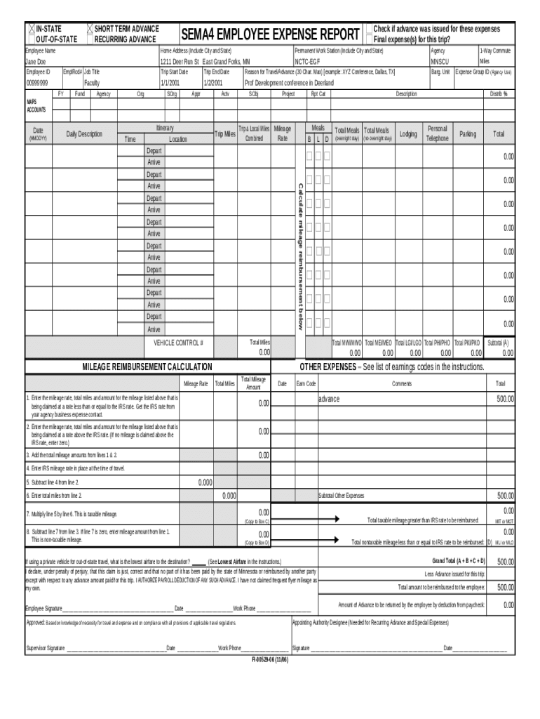 IN-STATE SEMA4 EMPLOYEE EXPENSE REPORT Check if advance was ... Doc Template | pdfFiller