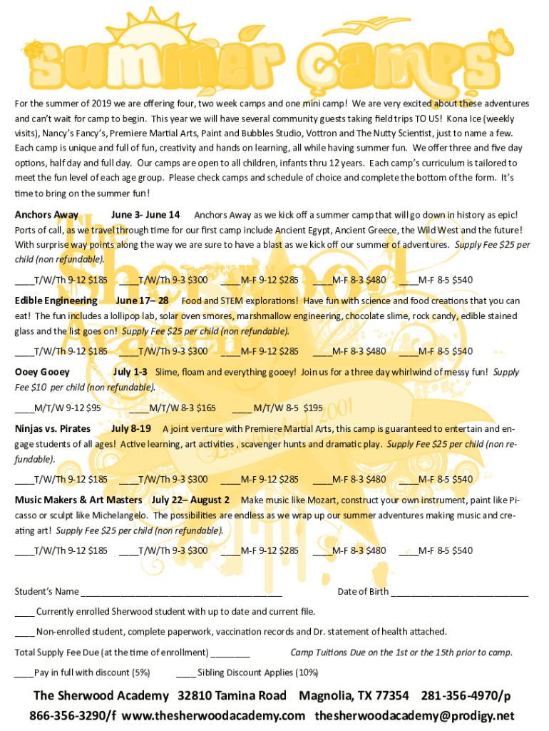 Fillable Online One-Week Camps - Summer Camp at Adventure Links in ...