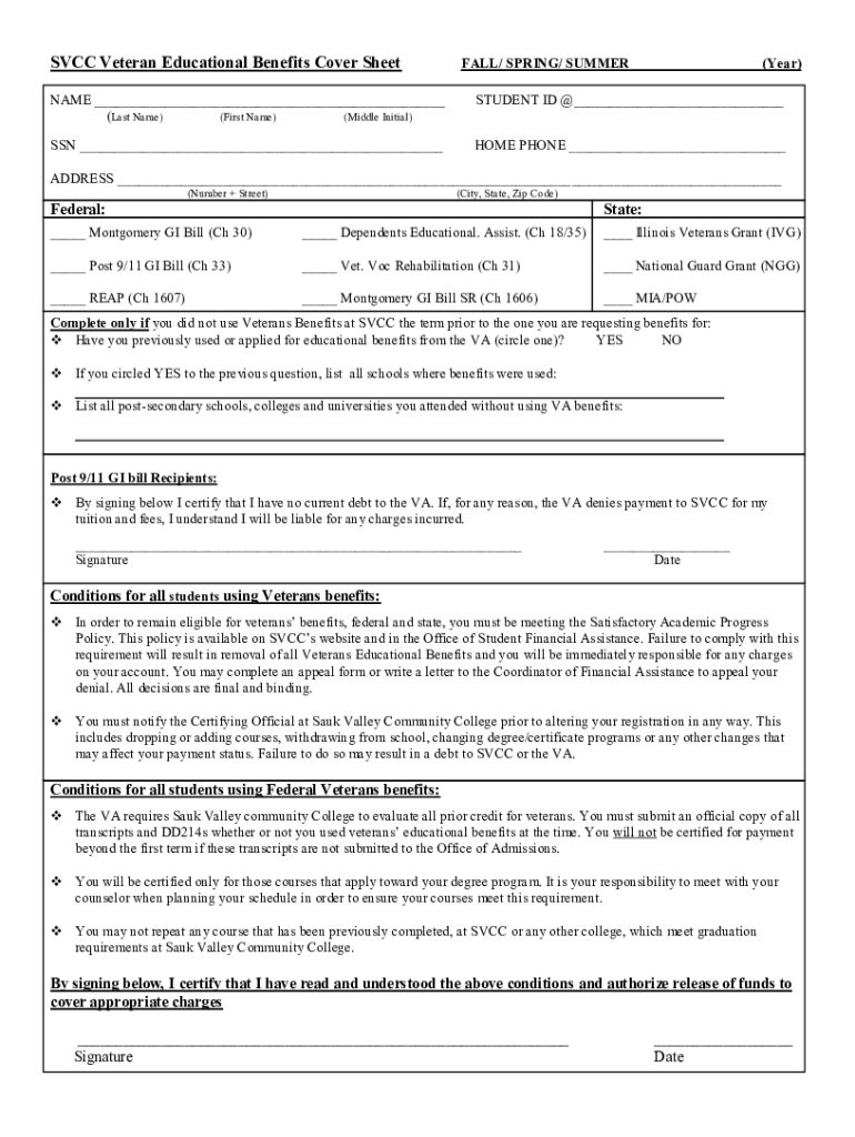 Fillable Online SVCC Veteran Educational Benefits Cover Sheet FALL/ SPRING ... Fax Email Print ...